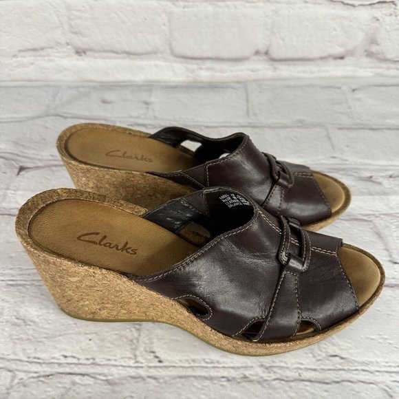 Clarks | Shoes | Clarks Womens 7m Brown Leather Shoe Cork Wedge Heel ...